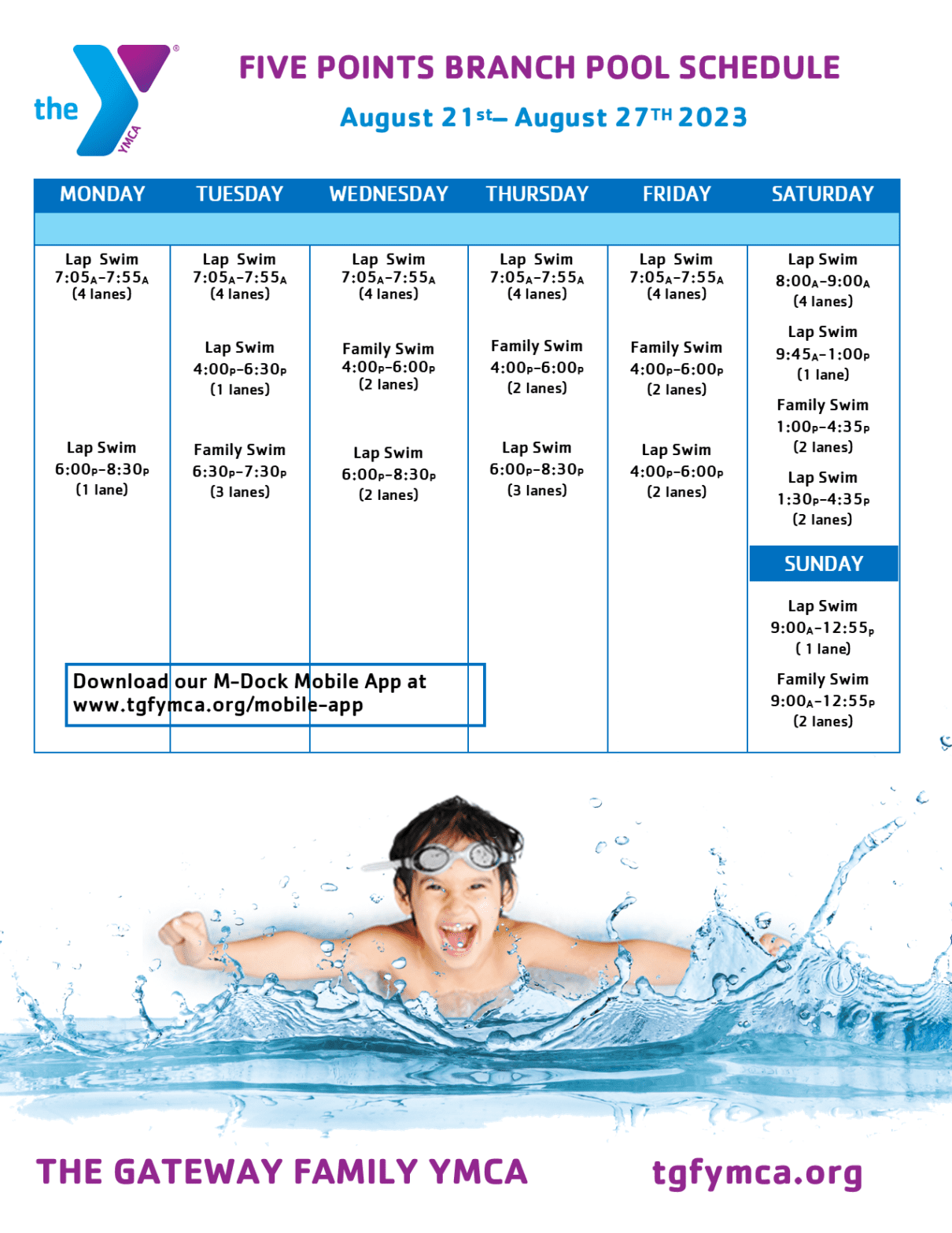 Pool Schedule - 8/21 - 8/27 | The Gateway Family YMCA