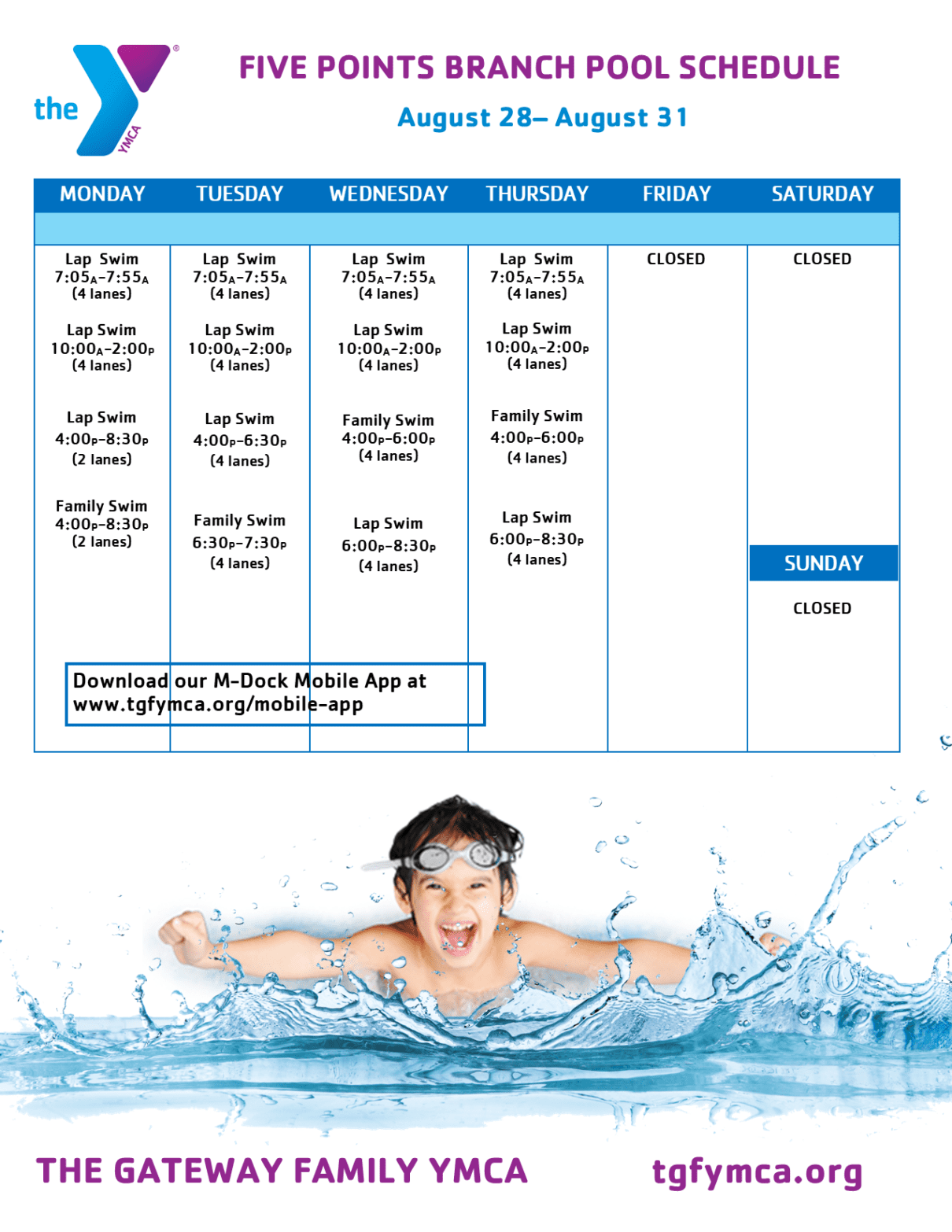 Pool Schedule - 8/28 - 8/31 | The Gateway Family YMCA