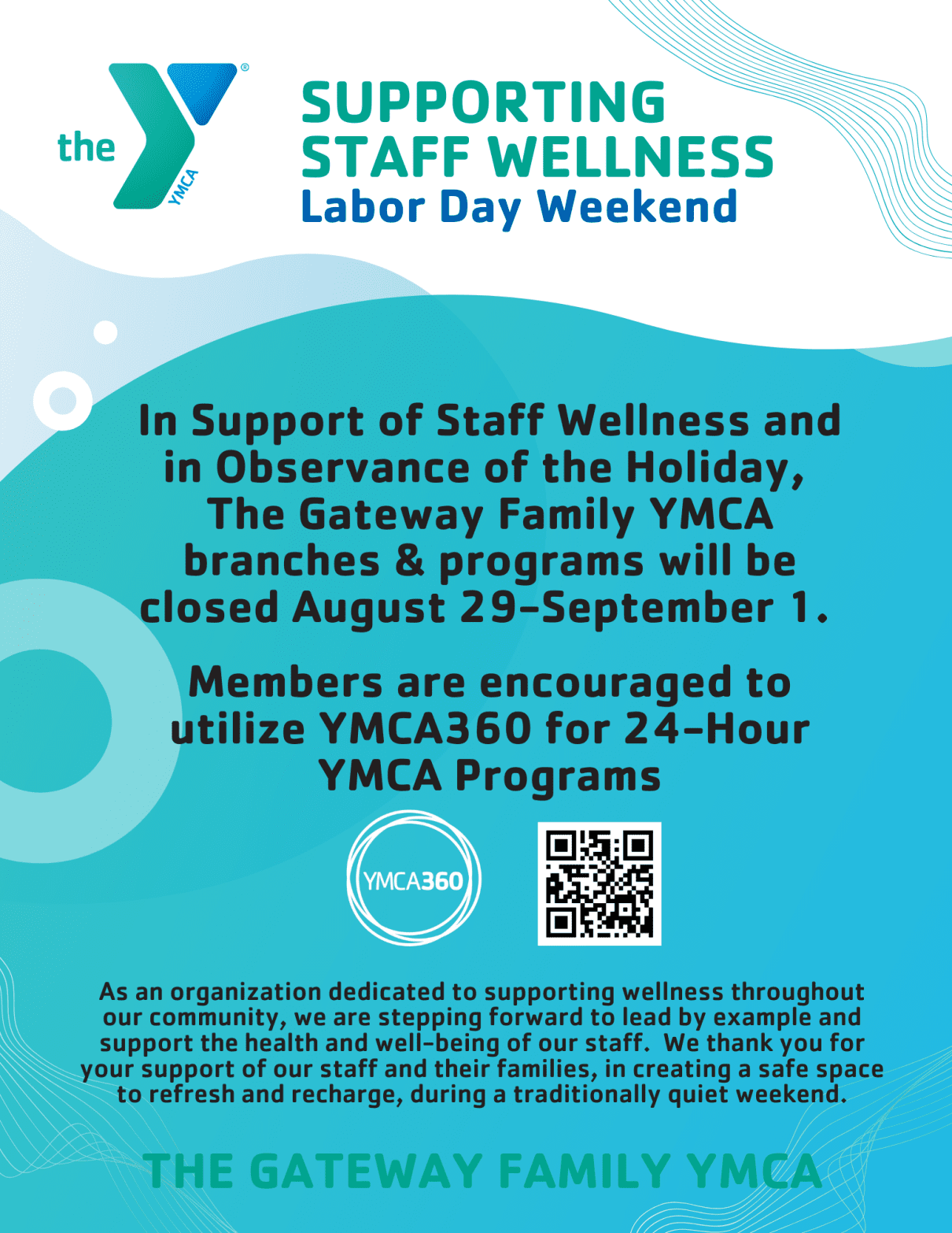 Staff Wellness Weekend - YMCA Closed 8/29-9/1 | The Gateway Family YMCA